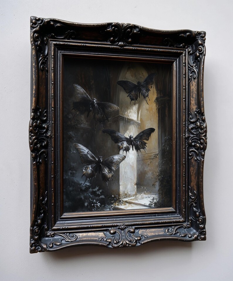 Gothic Cluster of Moths Oil Painting Print, Printable Vintage Dark ...