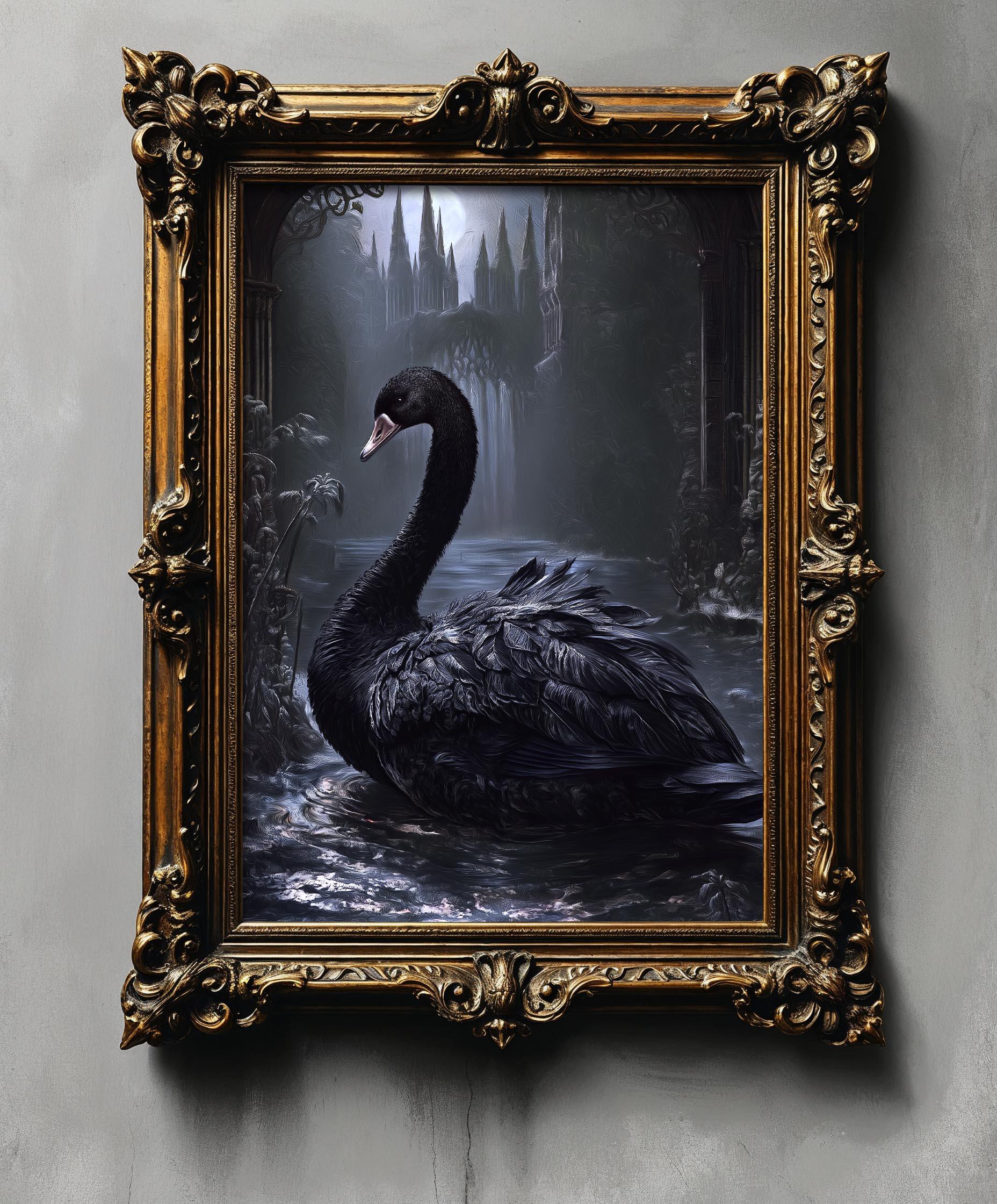 Gothic Black Swan Oil Painting Print, Printable Vintage Dark Romance ...