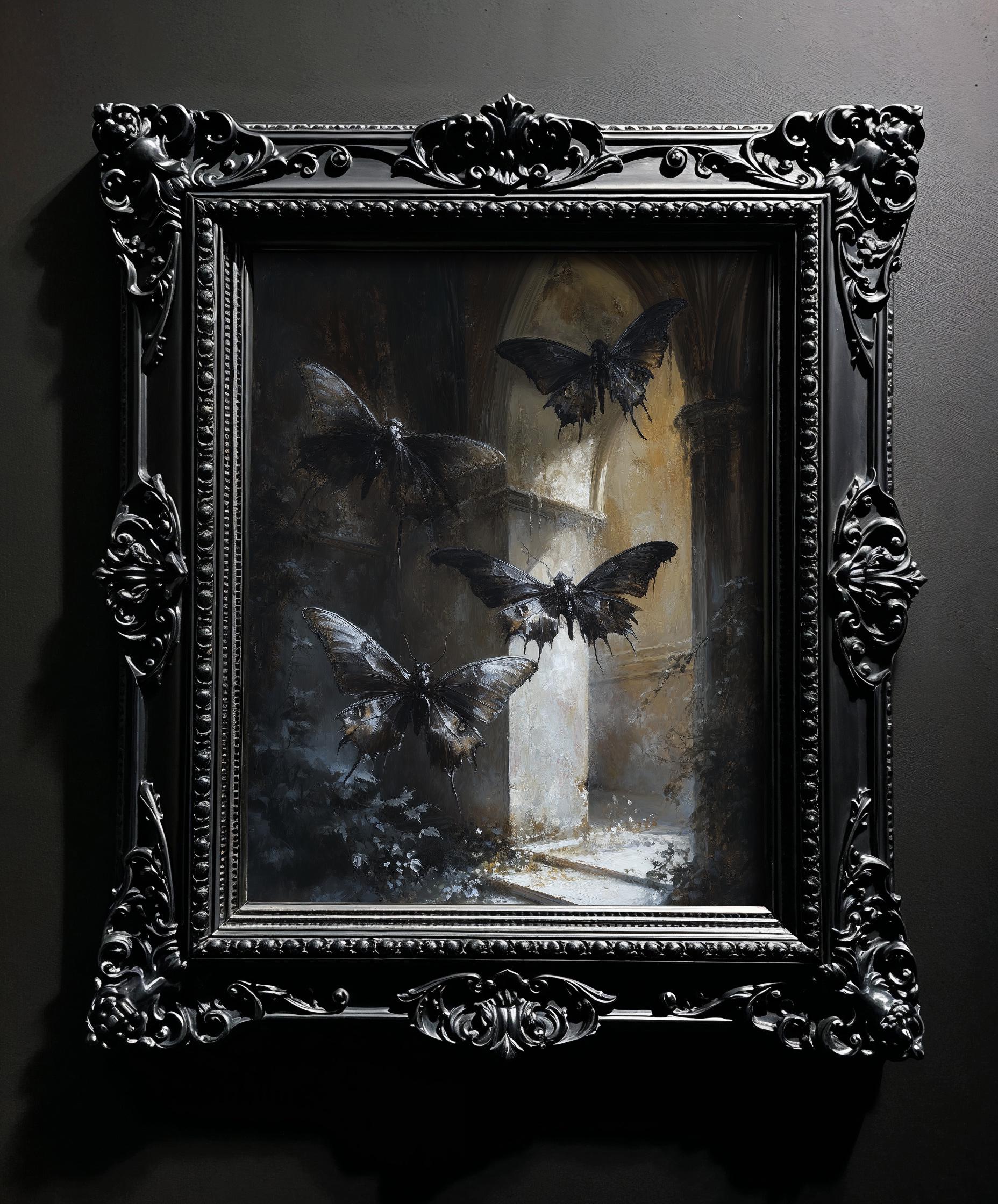Gothic Cluster of Moths Oil Painting Print, Printable Vintage Dark ...