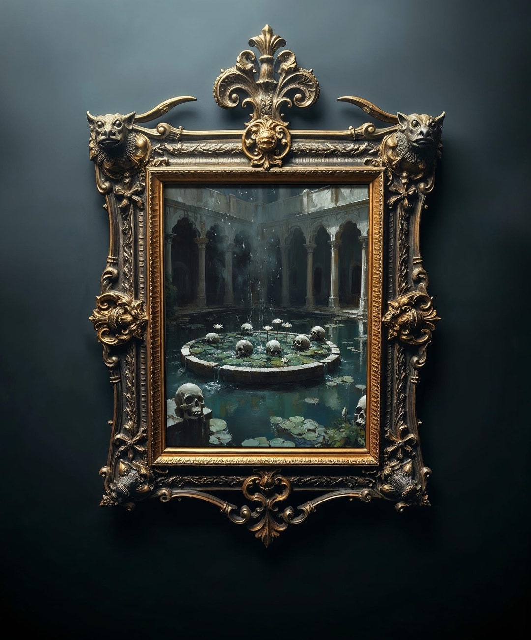 Gothic Circular Pond With Skulls in Courtyard Oil Painting Print ...