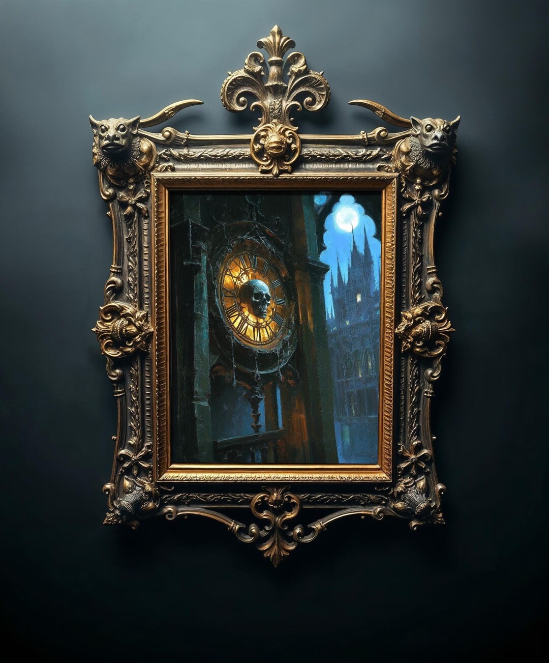 Gothic Skull Faced Clock Oil Painting Print, Printable Vintage Dark ...
