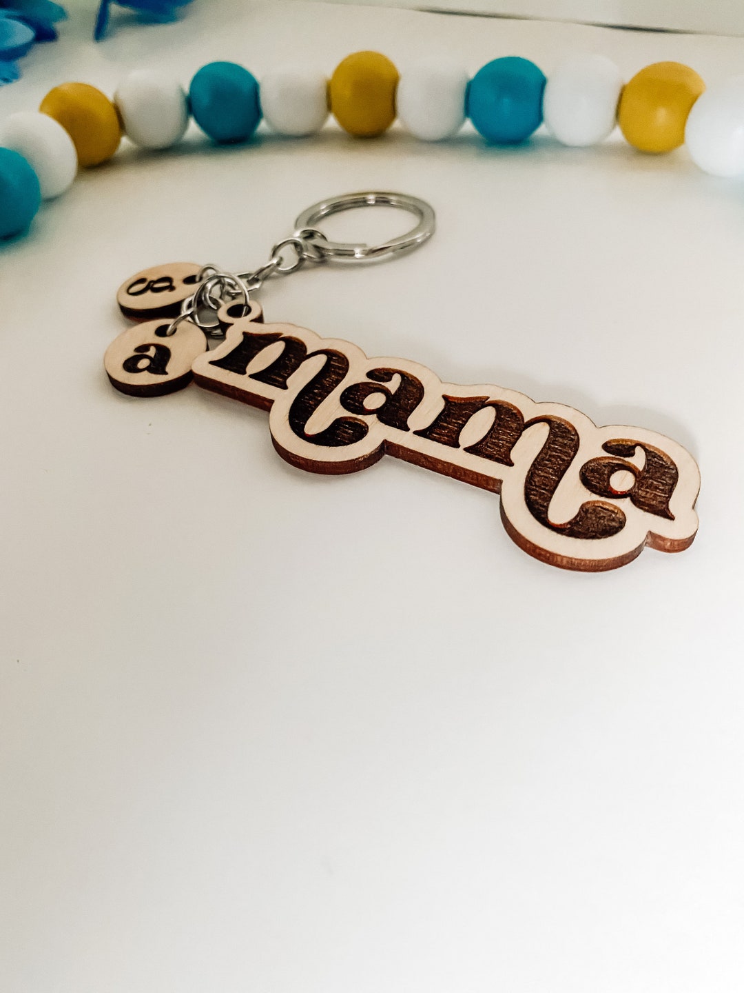 Mama Wood Keychain With Kids Initial Charms - Etsy
