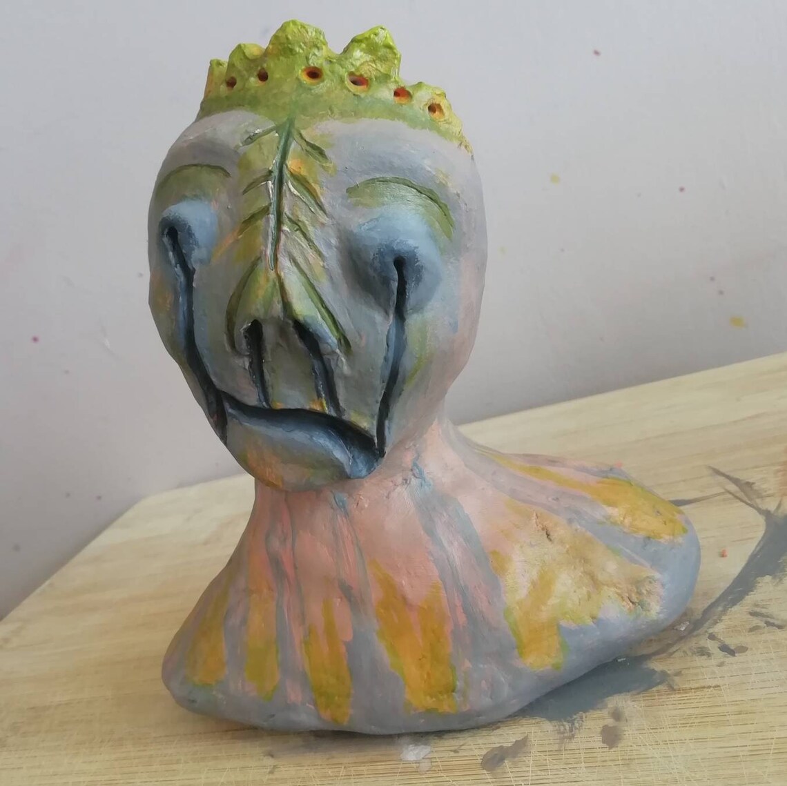 Surrealist dark art Clay head bust sculpture crying face crown | Etsy