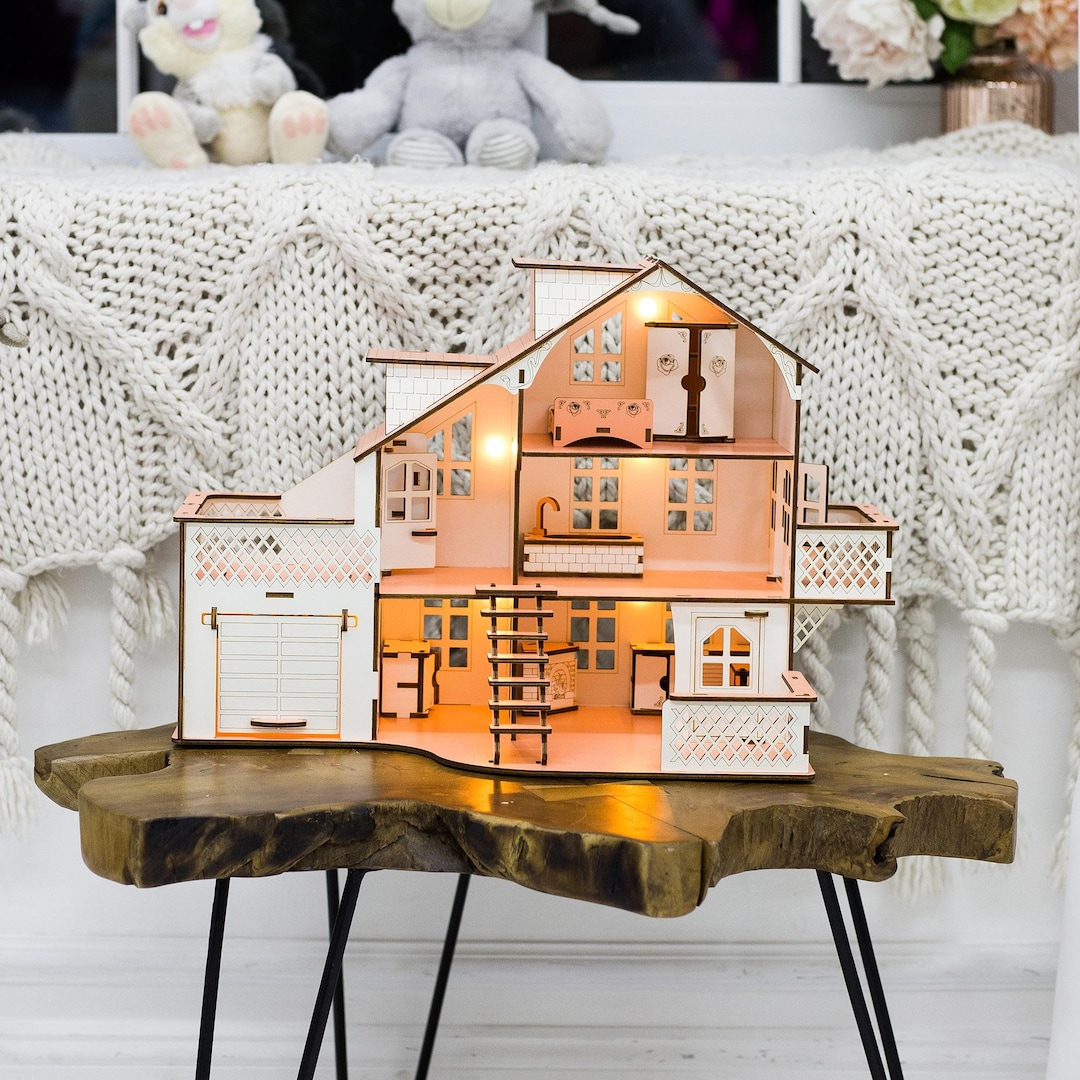 DOLLHOUSE With LED Lighting, Garage for Baby Girl | Scale 1:24 | Pink ...