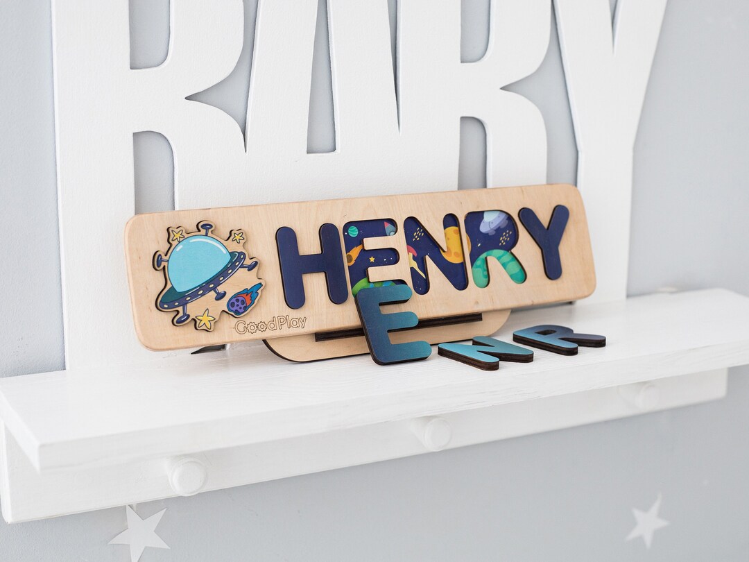 Space Cosmos Name Puzzle Sign for Nursery, Wooden Toddler Montessori ...
