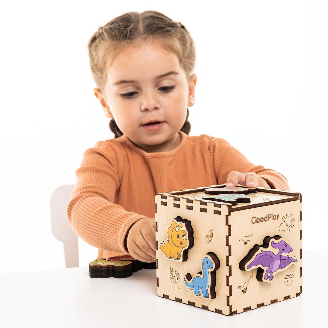Dinosaur Wooden Shape Sorter - Colorful Montessori Busy Cube - Sorting ...