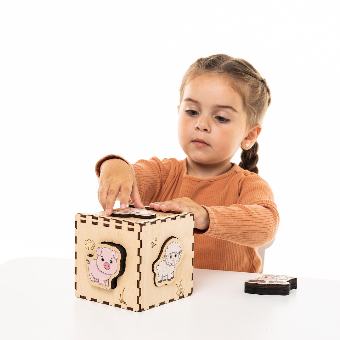 Wooden Shape Sorter Farm Animals - Montessori Sorting Busy Cube ...