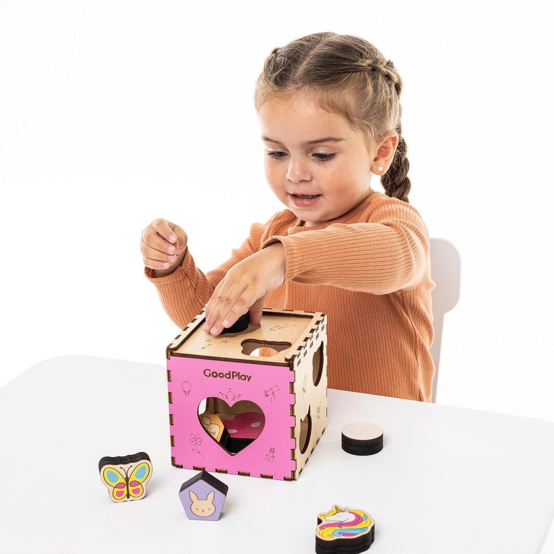 Pink Wooden Shape Sorter - Sorting Cube for Baby Girl - Busy Box ...