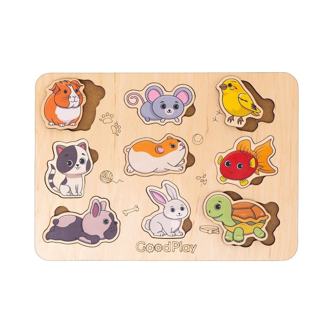 Wooden Montessori Pets Puzzle - Sorting Toy With Cute Cat Dog - Sensory ...
