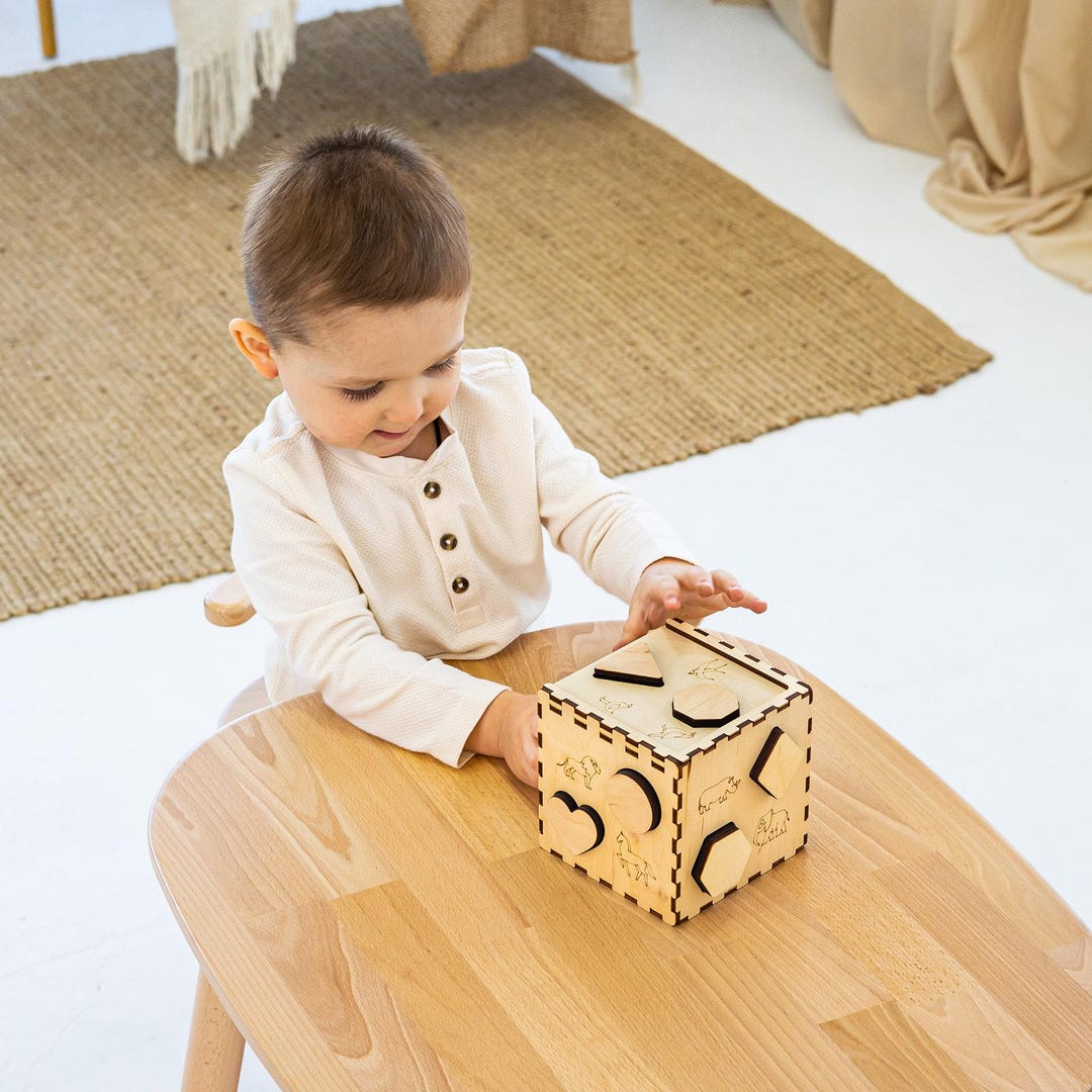 Plain Wood Shape Sorter, Wooden Activity Cube, Eco Coloring Toy ...