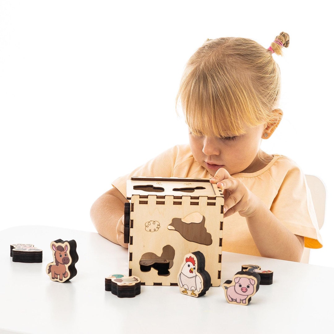 Farm Animals Sorting Cube - Montessori Wooden Shape Sorter - Activity ...