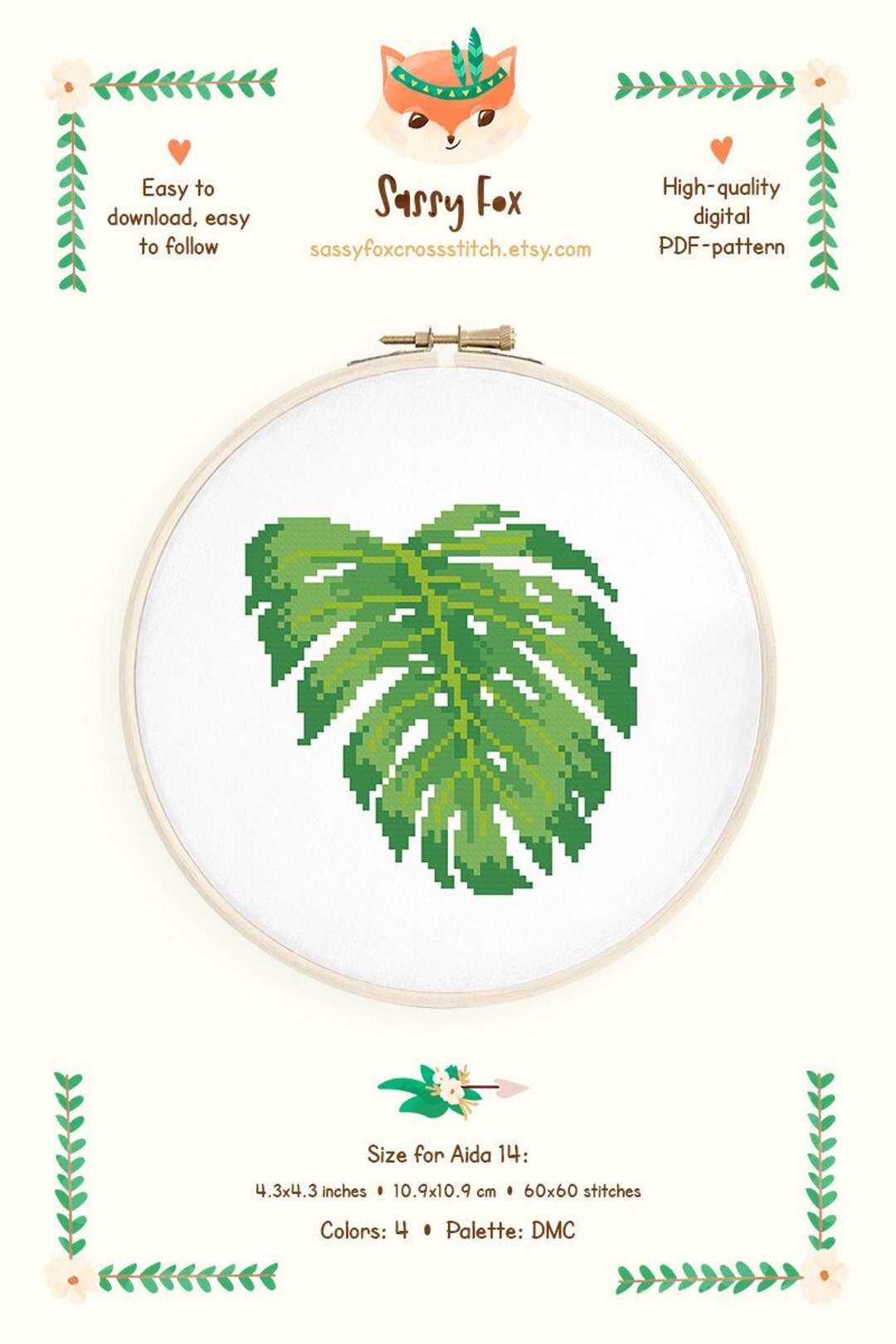 Monstera Leaf Cross Stitch Pattern. Botanical Chart. Instant Download ...