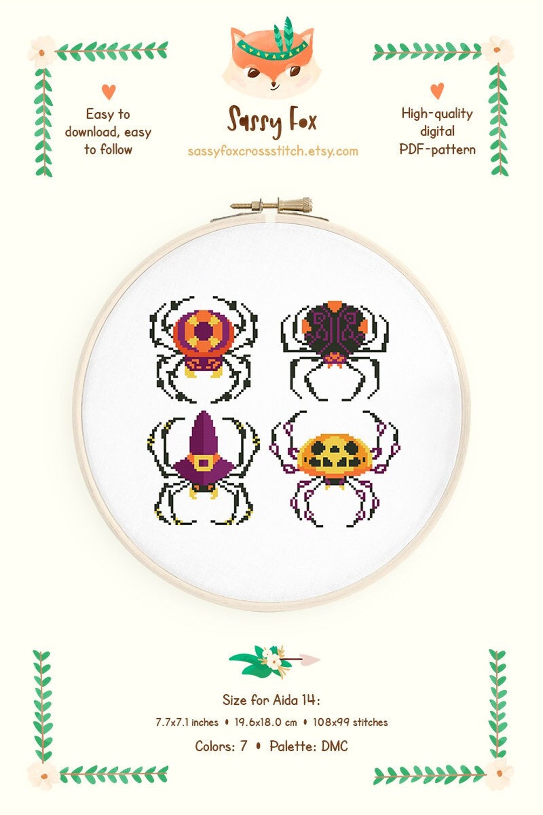 Halloween Spider Cross Stitch Pattern. Cute Spooky Spiders Chart. Fall ...