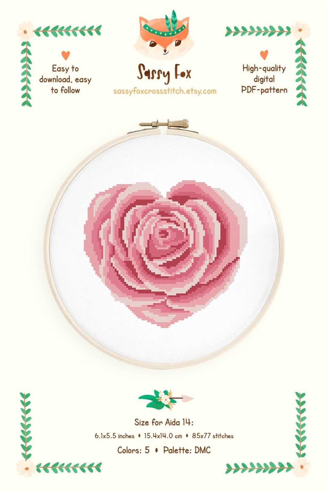 Pink Rose Cross Stitch Pattern. Valentine's Day Chart. Cute Heart ...