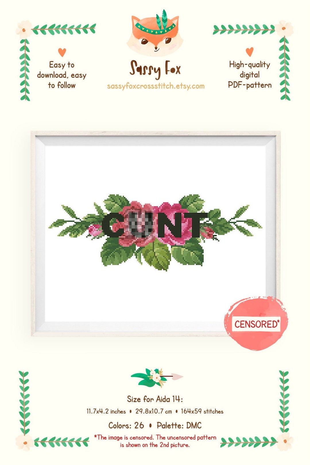 Swearing Cross Stitch Pattern. Word Cunt With Roses. Instant Download ...