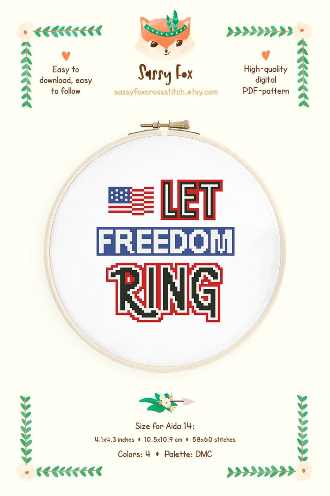 Let Freedom Ring Cross Stitch Pattern. Independence Day Patriotic Quote ...