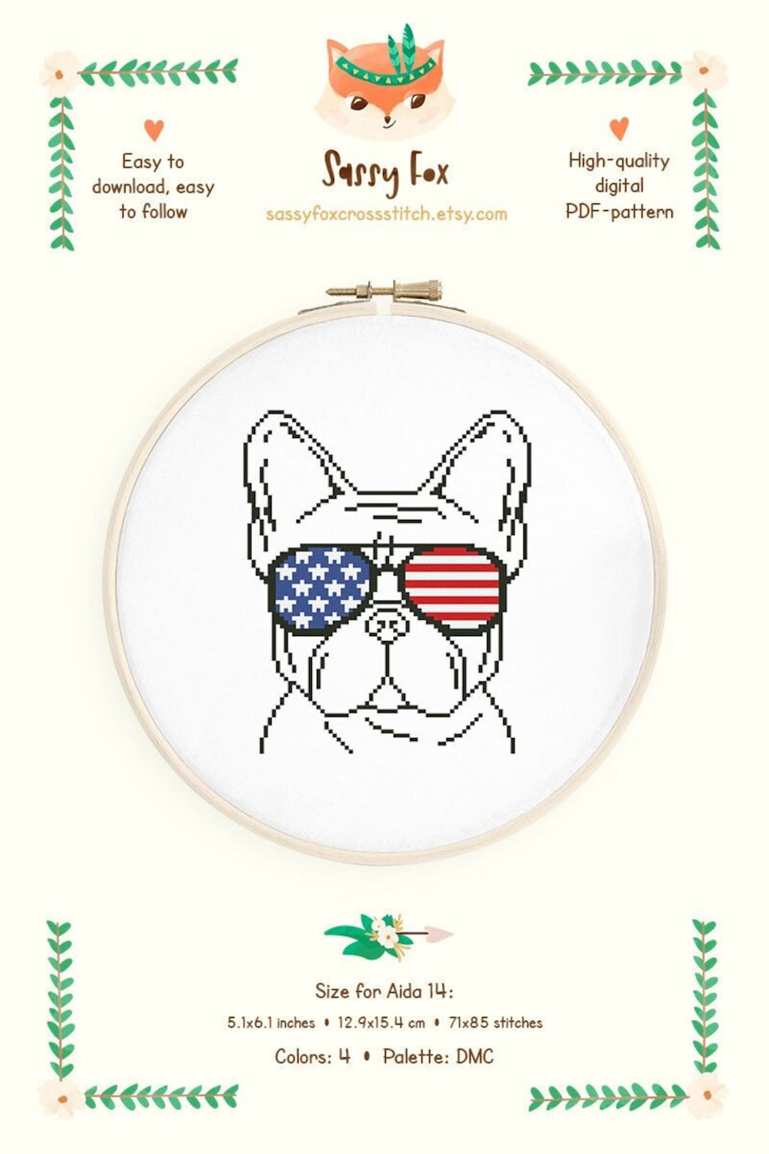 Patriotic Frenchie Cross Stitch Pattern. Independence Day French ...