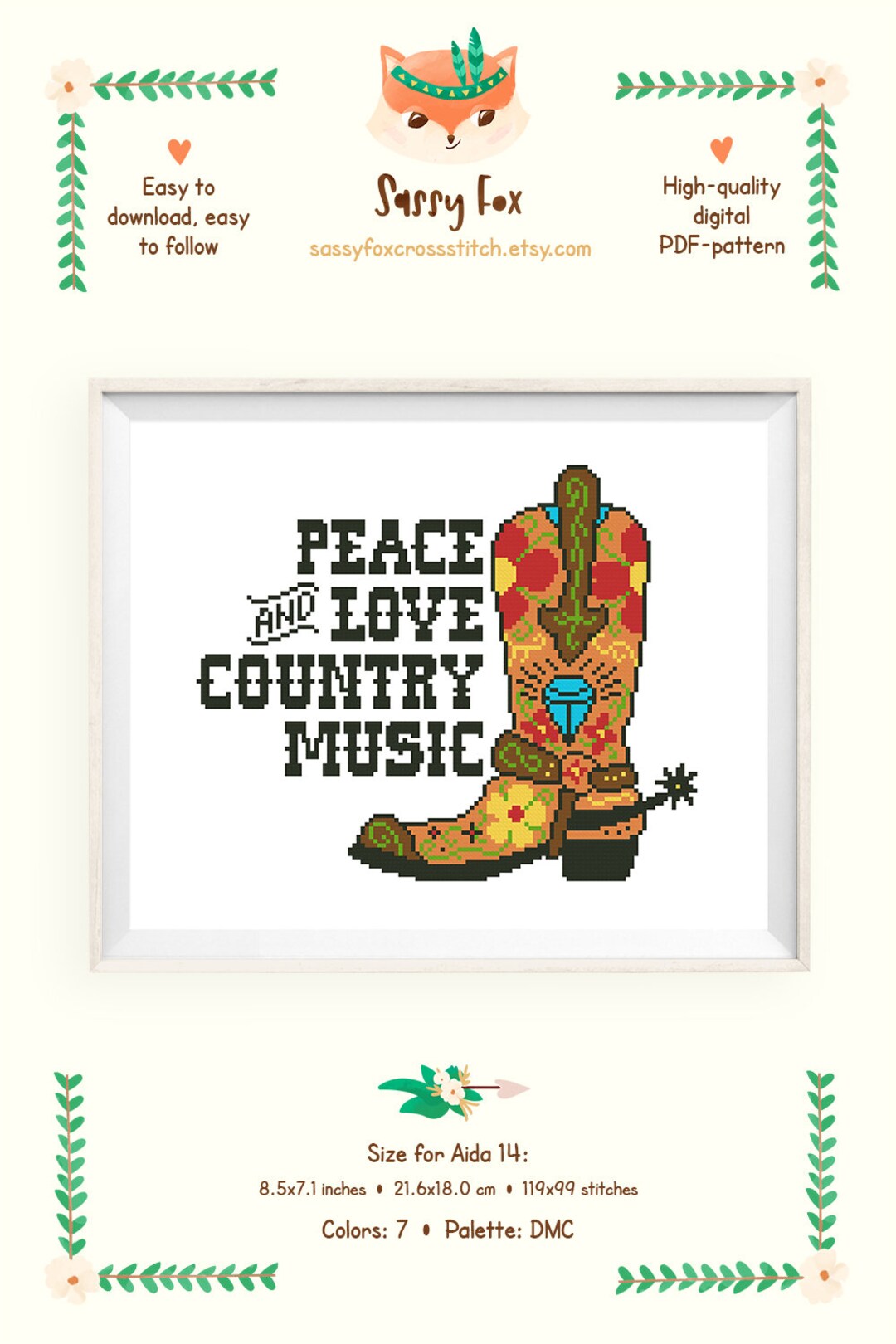 Country Music Cross Stitch Pattern. Cowboy Boot Xstitch. State - Etsy