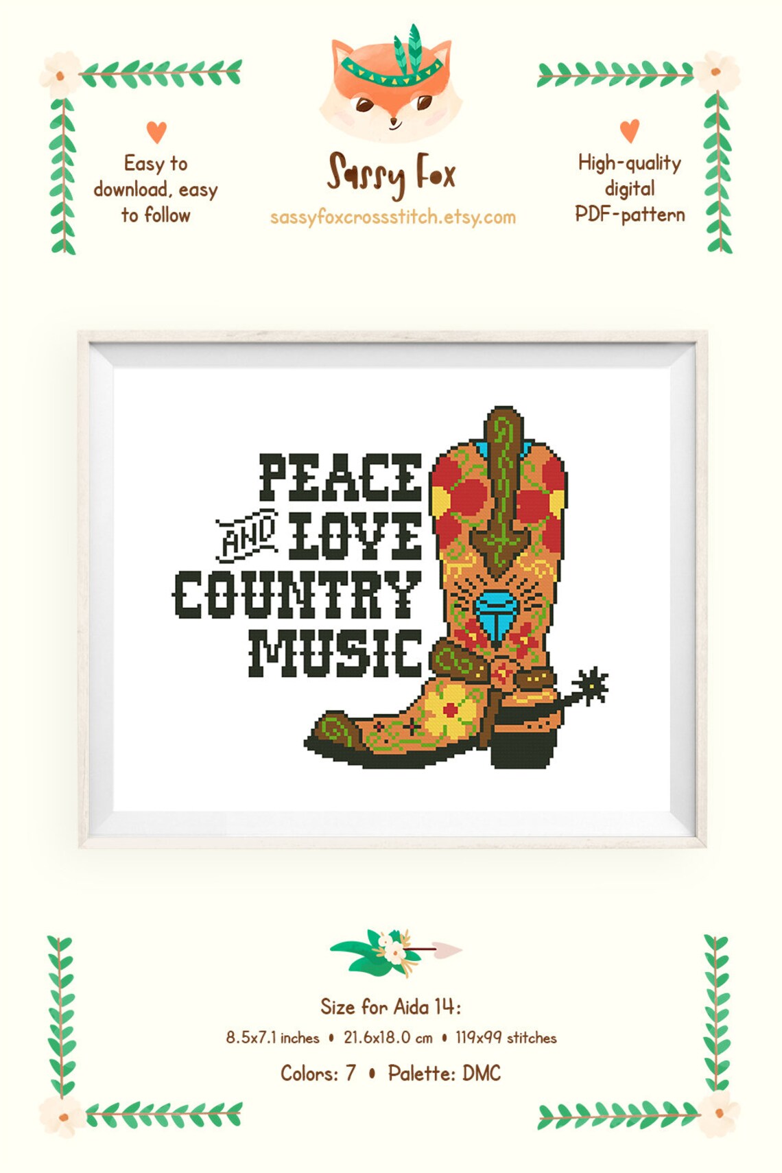 Country Music Cross Stitch Pattern. Cowboy Boot Xstitch. State | Etsy