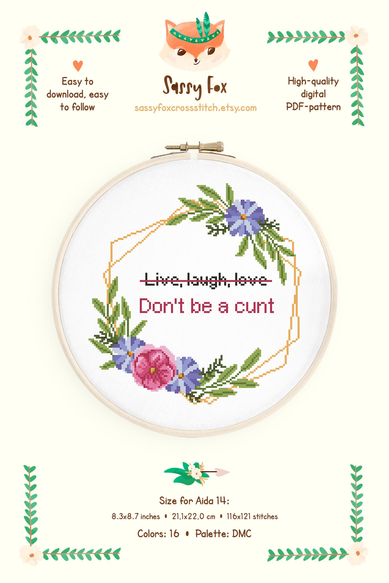 Swearing Cross Stitch Pattern | Live Laugh Love Don't Be a Cunt | Funny ...