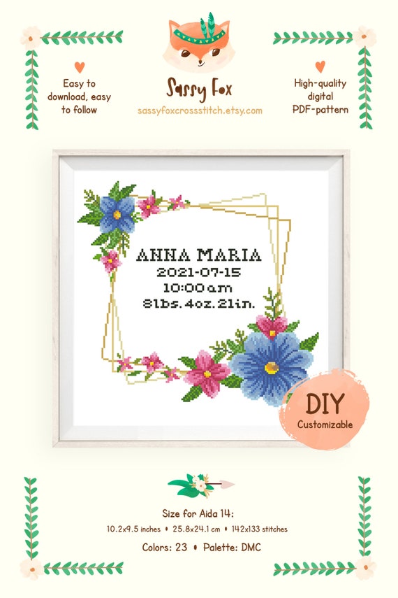 Floral Birth Sampler Cross Stitch Pattern Easy DIY Birth - Etsy