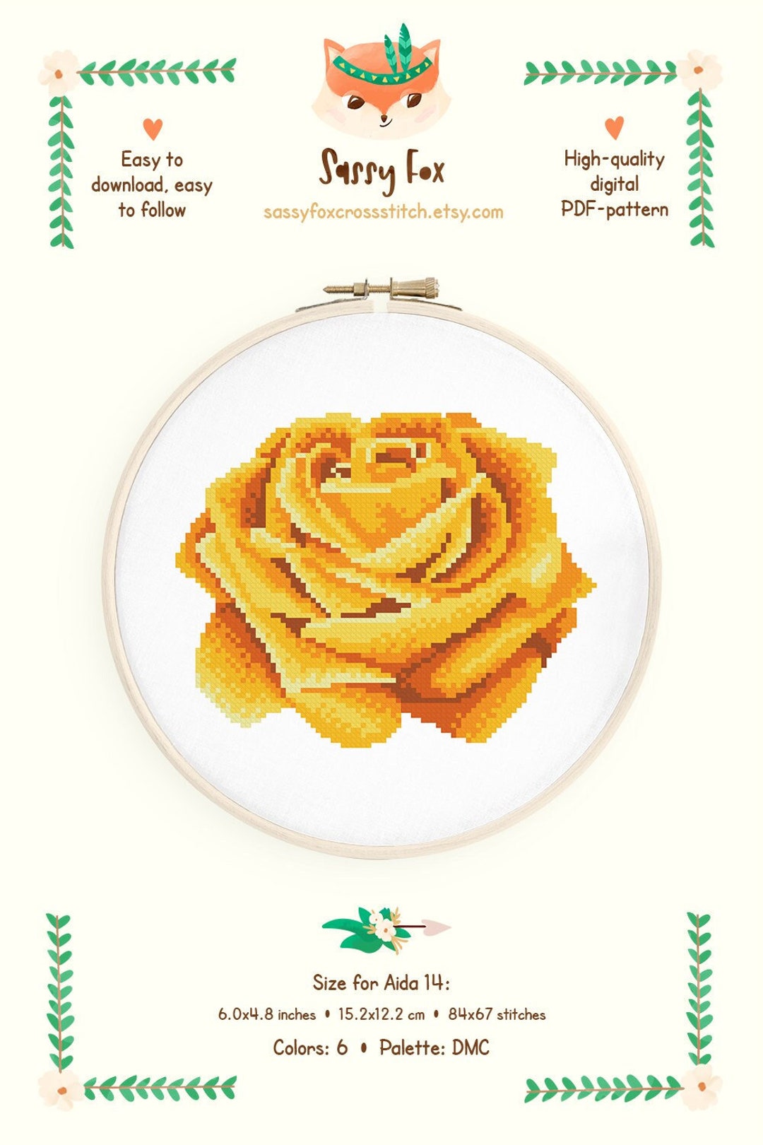 Yellow Rose Cross Stitch Pattern. Valentine's Day Cross Stitch. Instant ...