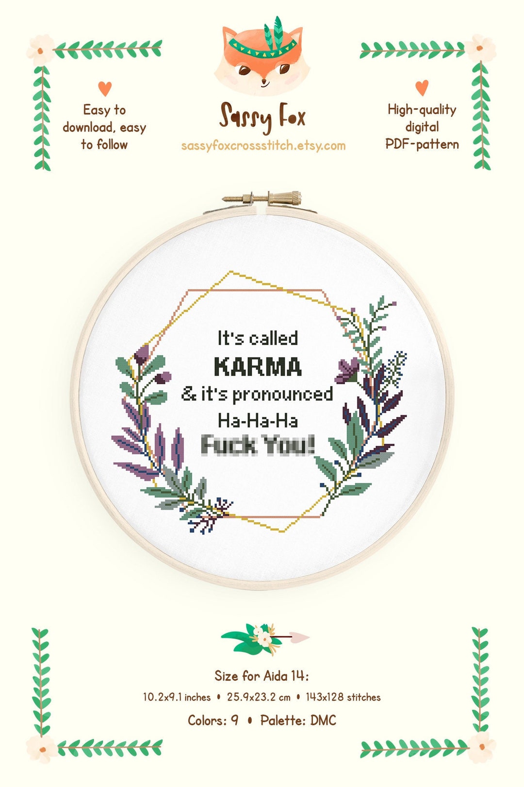 It's Called Karma Cross Stitch Pattern, Swearing Cross Stitch Quote ...