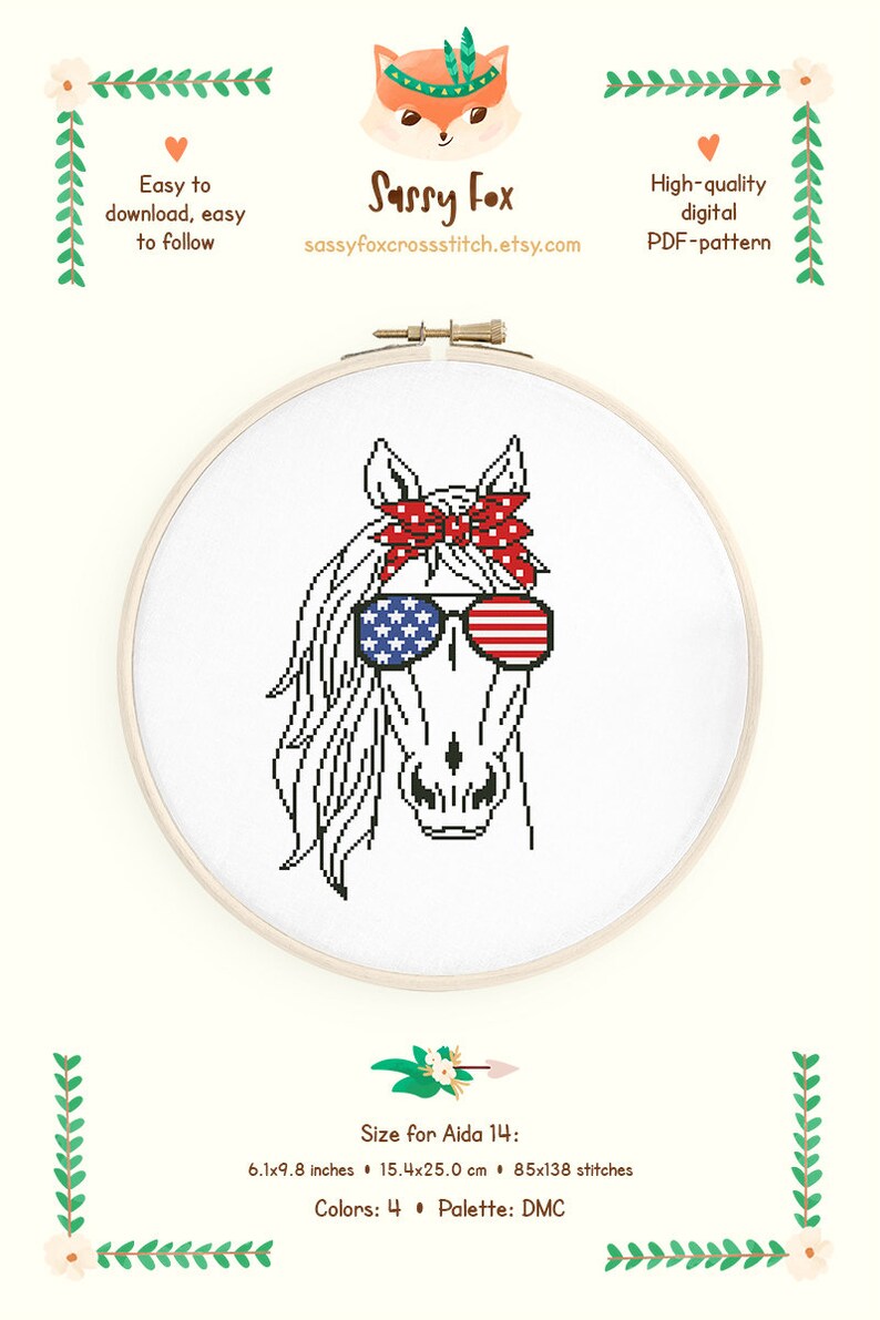 Patriotic Horse Cross Stitch Pattern. Independence Day - Etsy