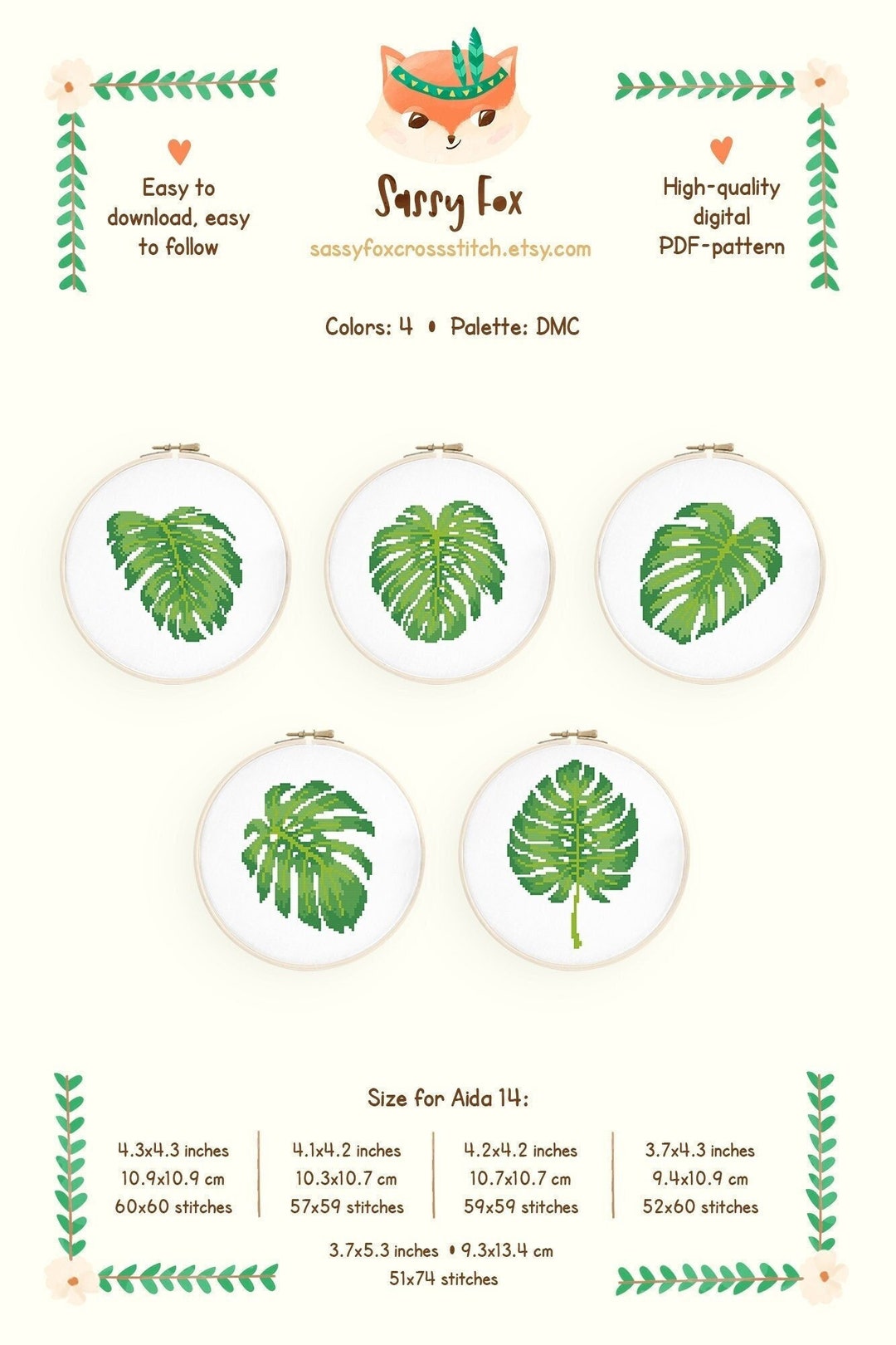 Monstera Deliciosa Cross Stitch Pattern. Bundle of 5 Botanical Charts ...