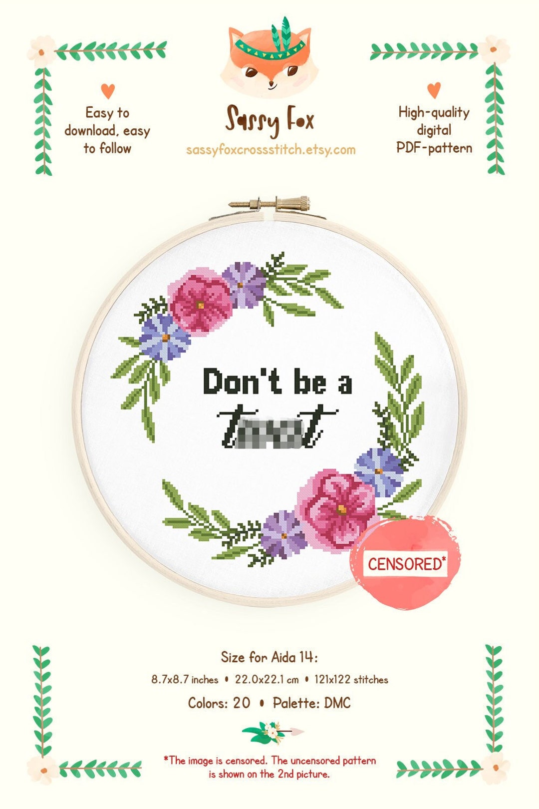 Swearing Cross Stitch Pattern. Don't Be a Twat Insult Quote in a Pink ...