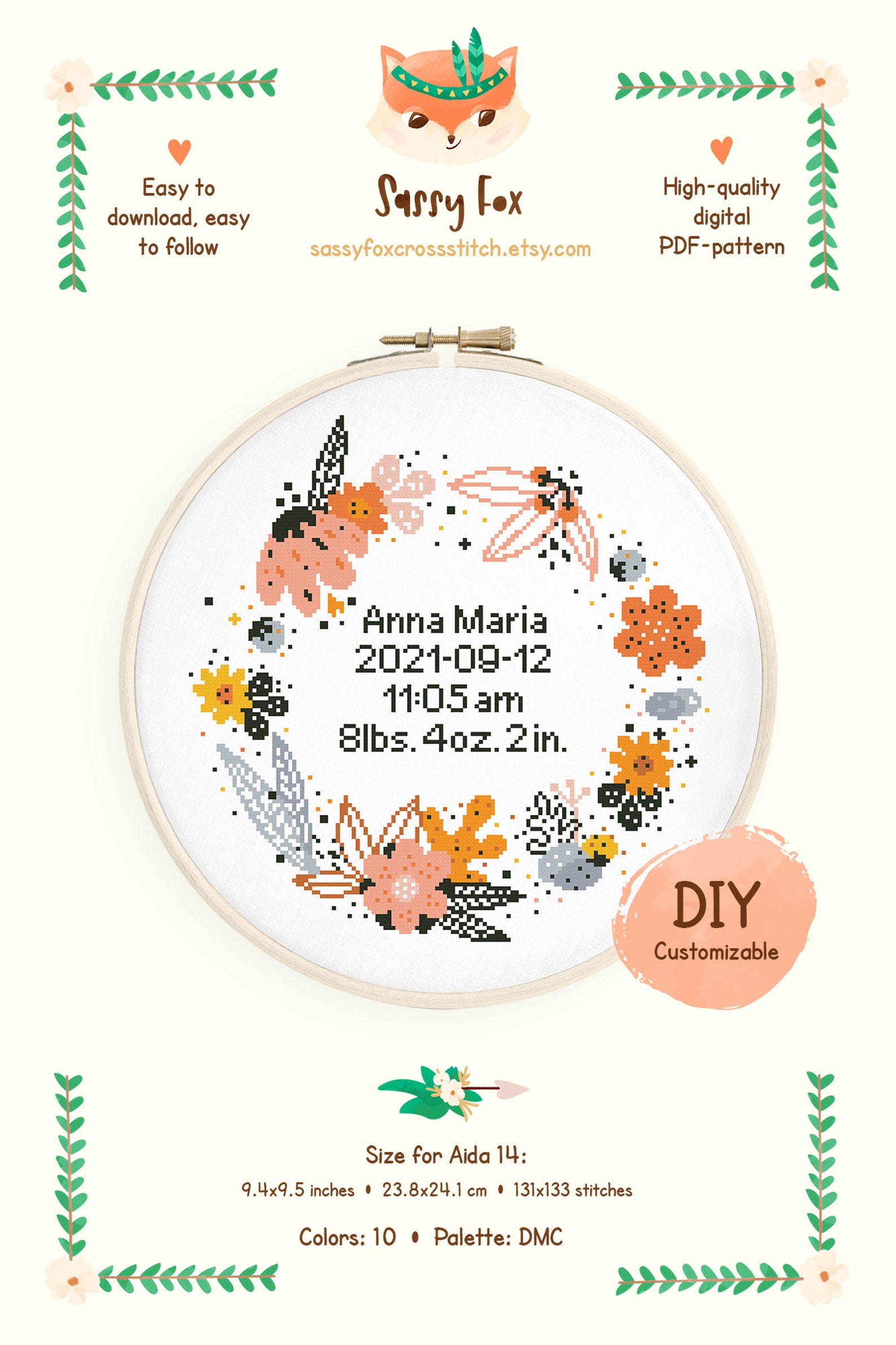 New Baby Cross Stitch Pattern Easy DIY Boho Birth - Etsy