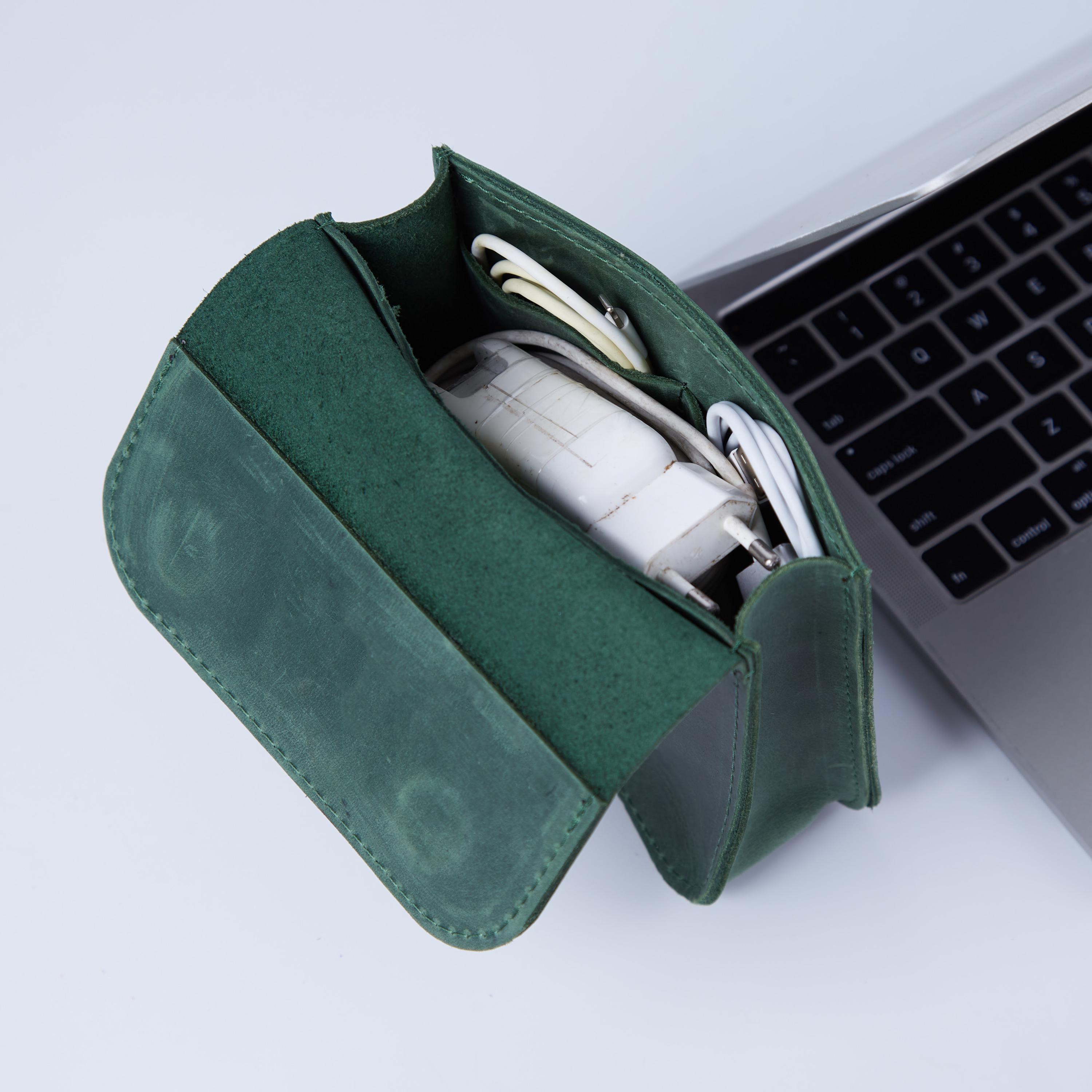 Handmade Green Leather Tech Organizer: Charger Travel Pouch ...