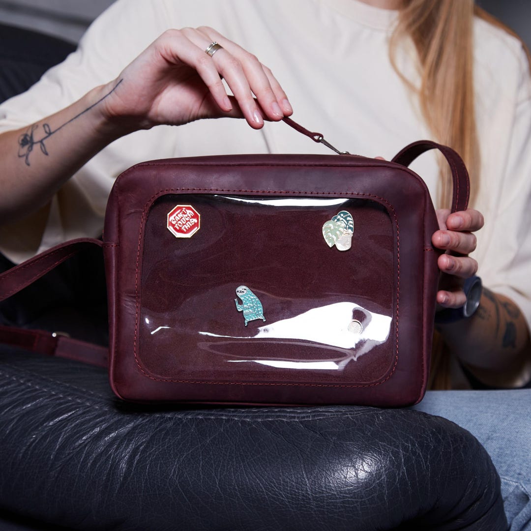 Personalized Leather ITA Crossbody Bag: Clear Window Pin Display Purse ...