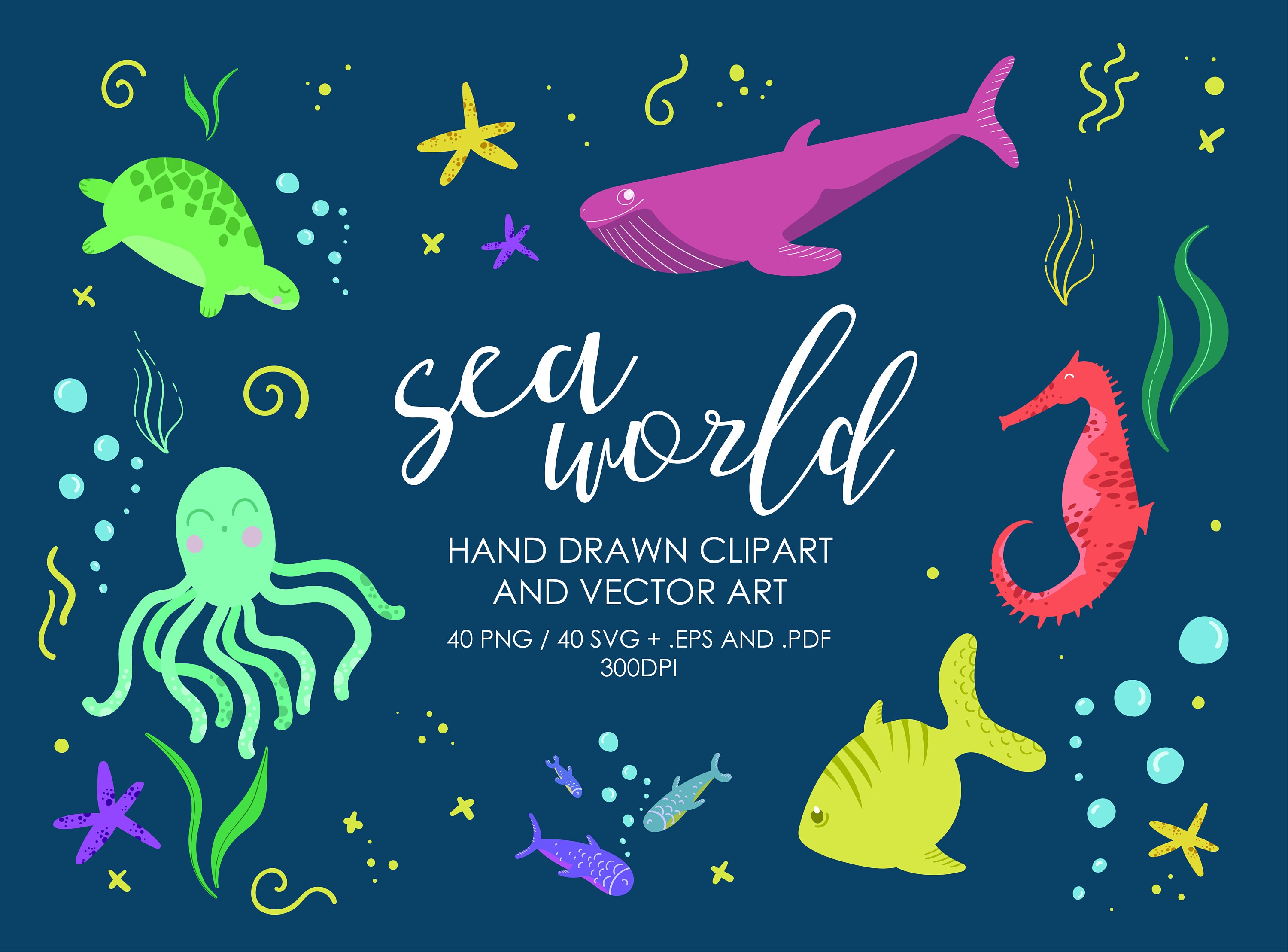 Digital Download Sea World Clipart Cute Drawings Bundle of Fun Sea ...