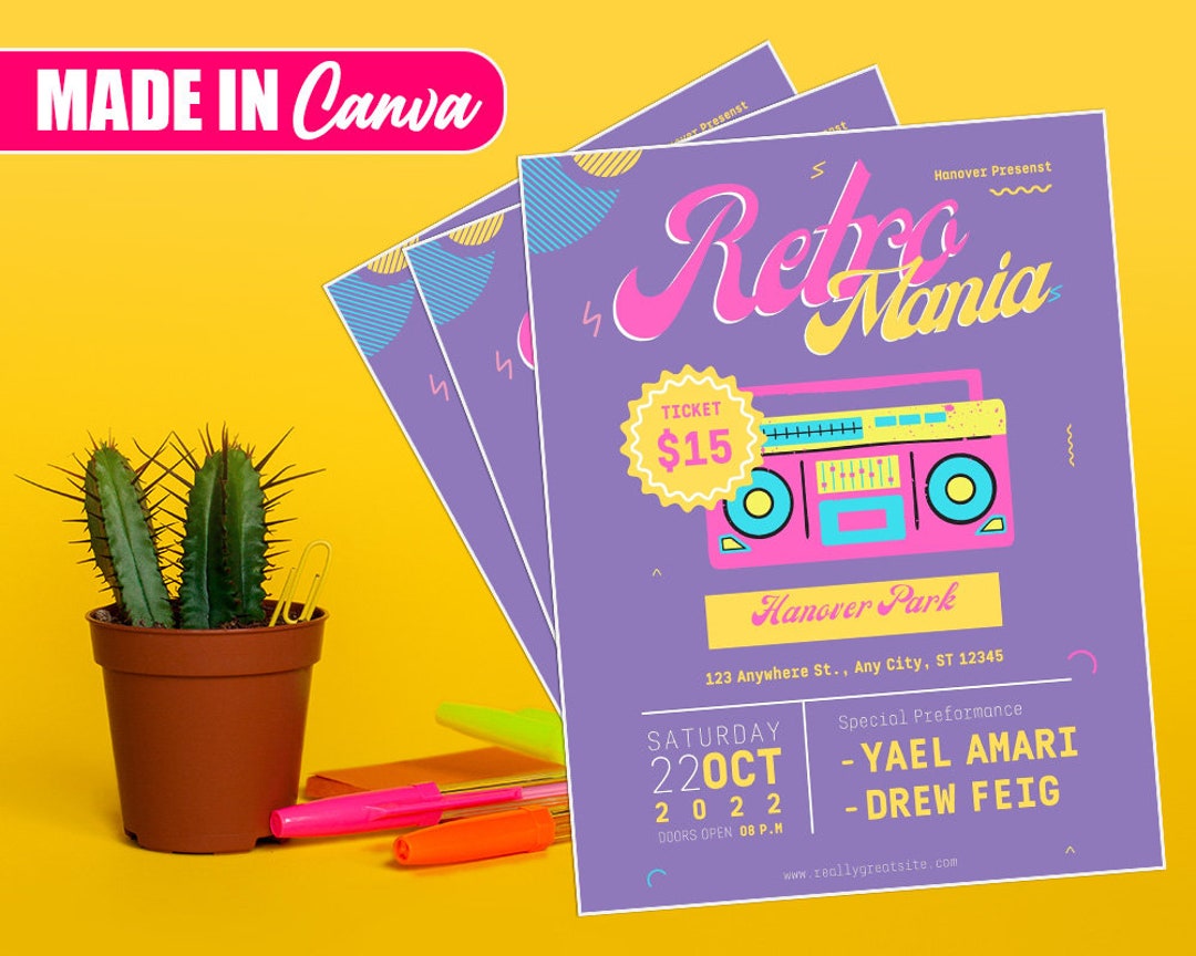 Retro Mania Flyer, DIY Canva Retro Mania Flyer Vorlage, bearbeitbare US ...