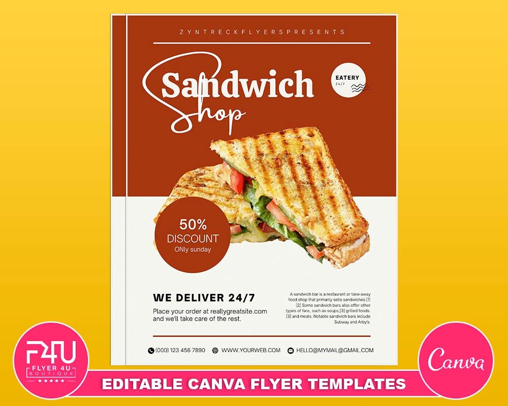 Sandwich Shop Flyer DIY Canva Sandwich Shop Flyer Template - Etsy