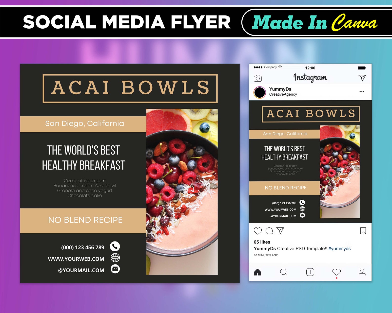 Acai Bowls Flyer, DIY Canva Acai Bowls Flyer Template 2022, Editable ...