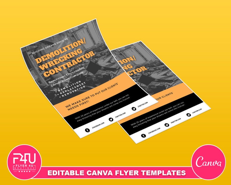 Demolition Wrecking Contractor Flyerdiy Canva Demolition - Etsy