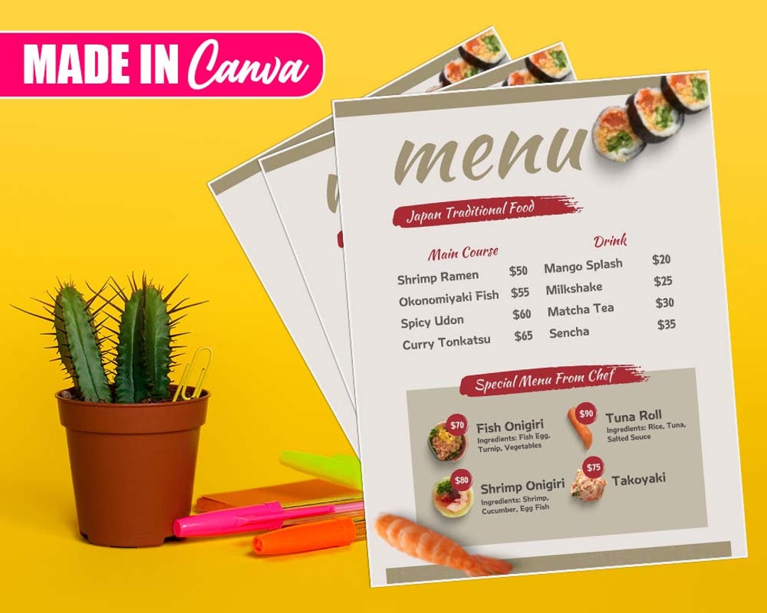 Menu Flyer, DIY Canva Menu Templates, Editable Canva US Letter Size ...