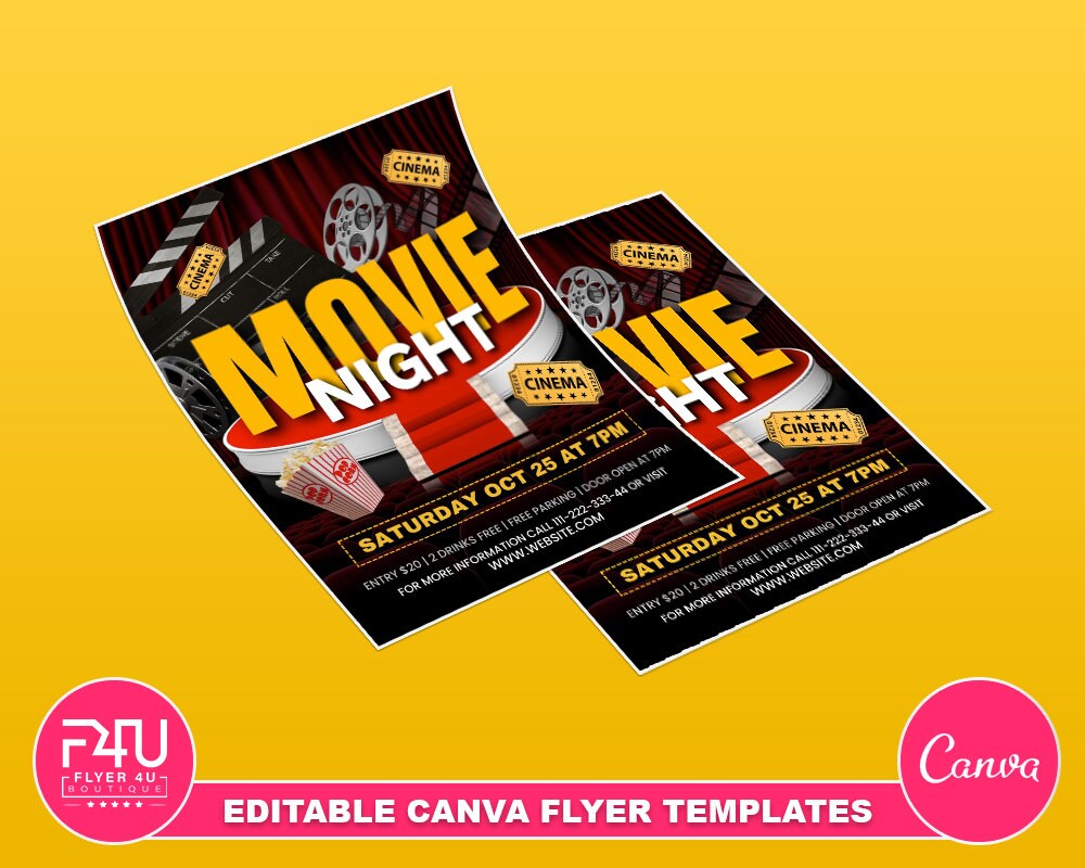 Movie Night Flyer, DIY Canva Movie Night Flyer Template, Editable Canva ...
