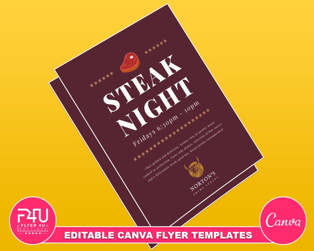 Steak Night Flyer, DIY Canva Steak Night Flyer, Editable Canva US ...