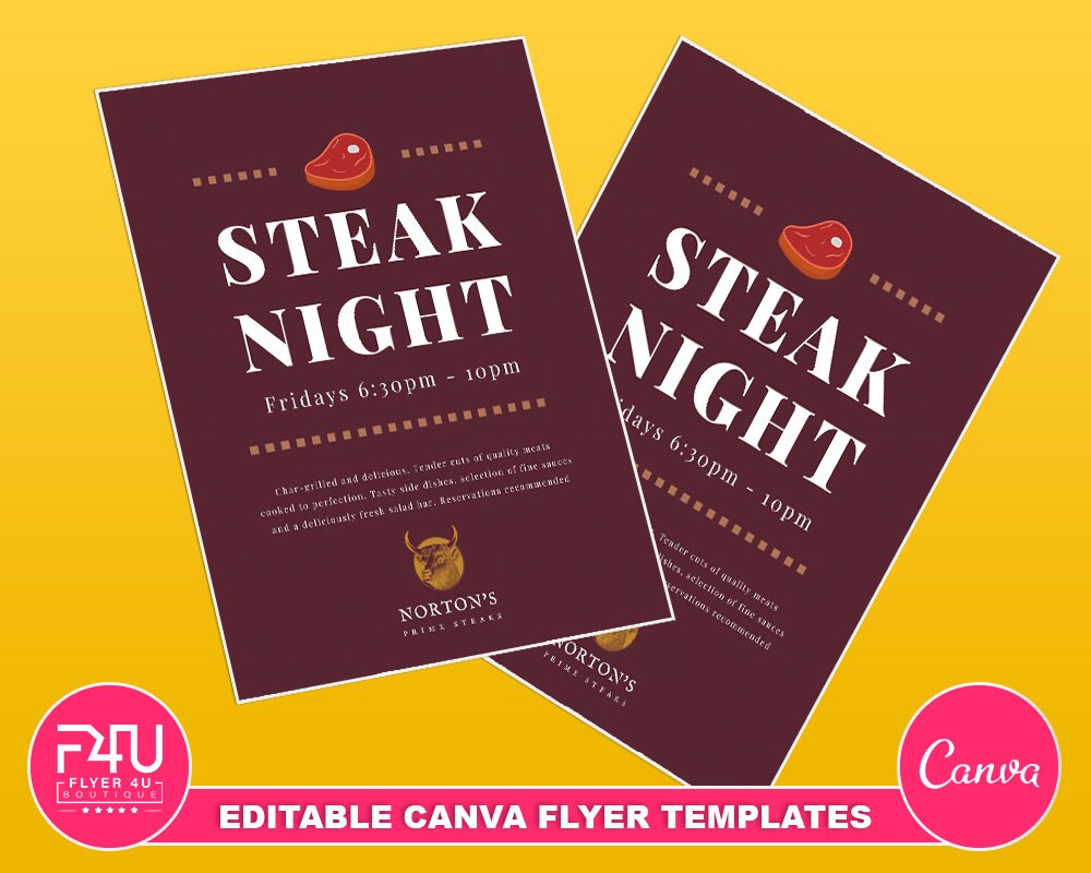 Steak Night Flyer, DIY Canva Steak Night Flyer, Editable Canva US ...