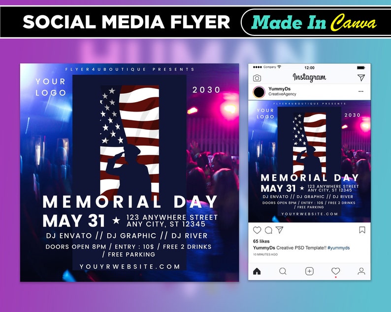 Memorial Day Flyer, DIY Canva Memorial Day Nightclub Flyer Template ...