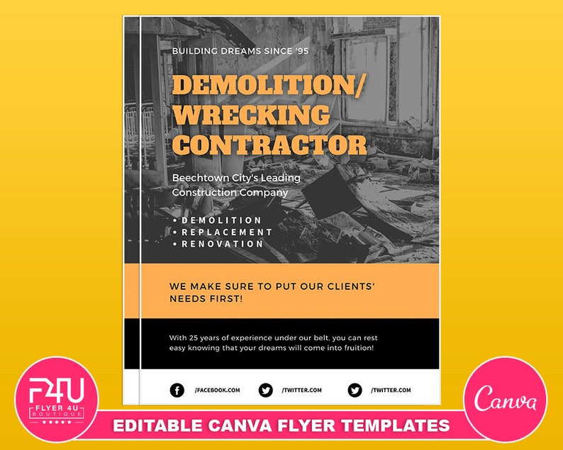 Demolition Wrecking Contractor Flyer,diy Canva Demolition Wrecking ...