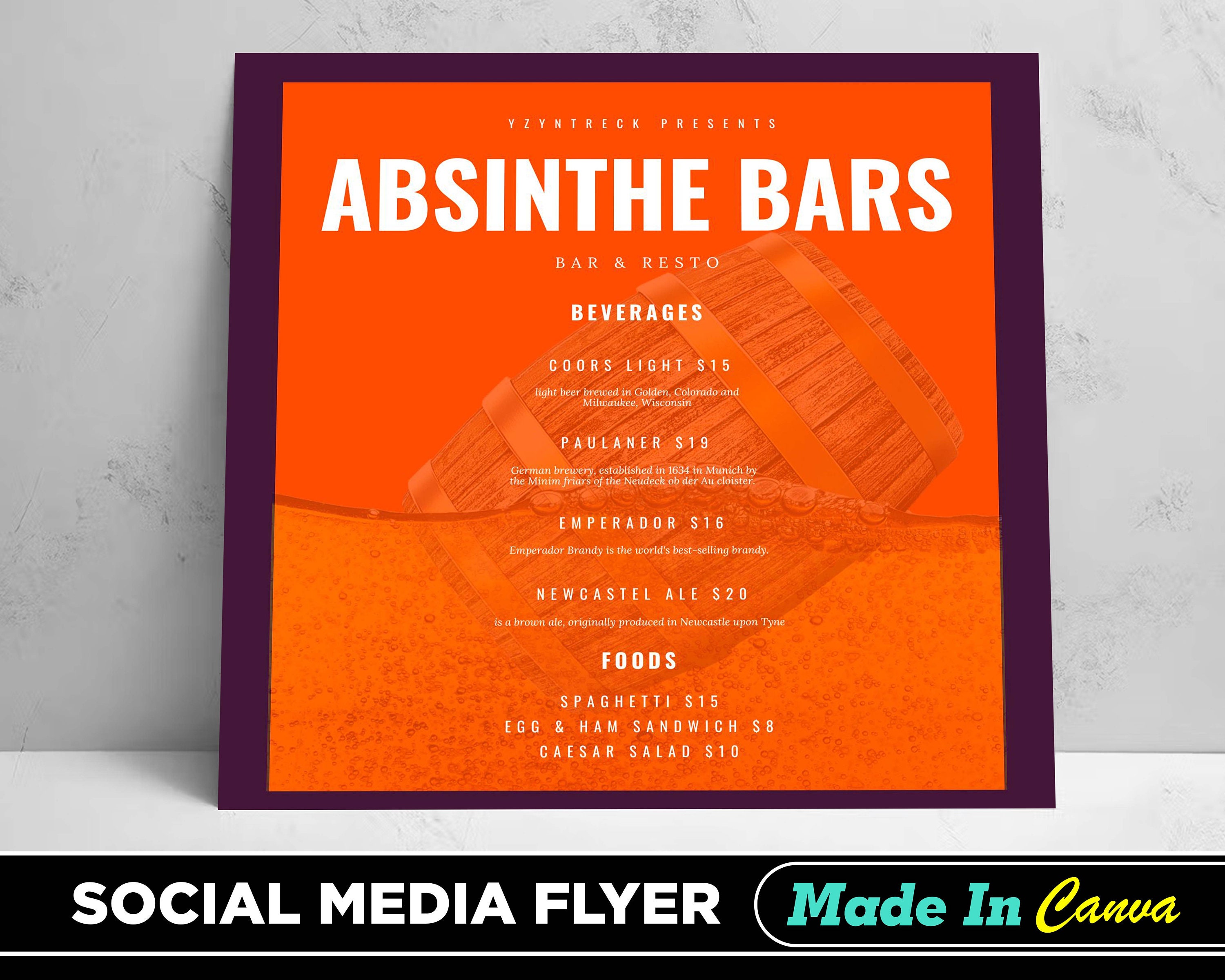 Absinthe Bars Flyer DIY Canva Absinthe Bars Flyer Template - Etsy