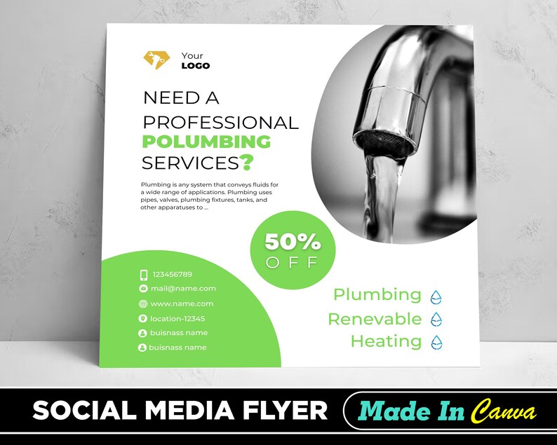 Plumbing Flyer, DIY Canva Plumbing Flyer Template 2022, Editable Canva ...