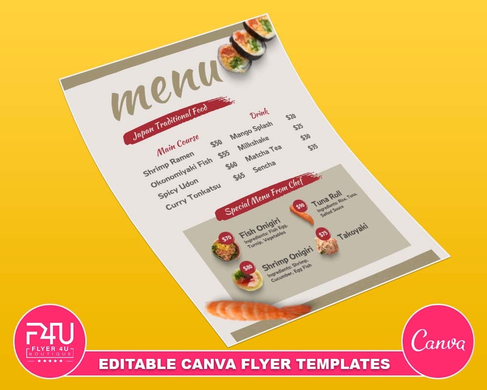 Menu Flyer, DIY Canva Menu Templates, Editable Canva US Letter Size ...