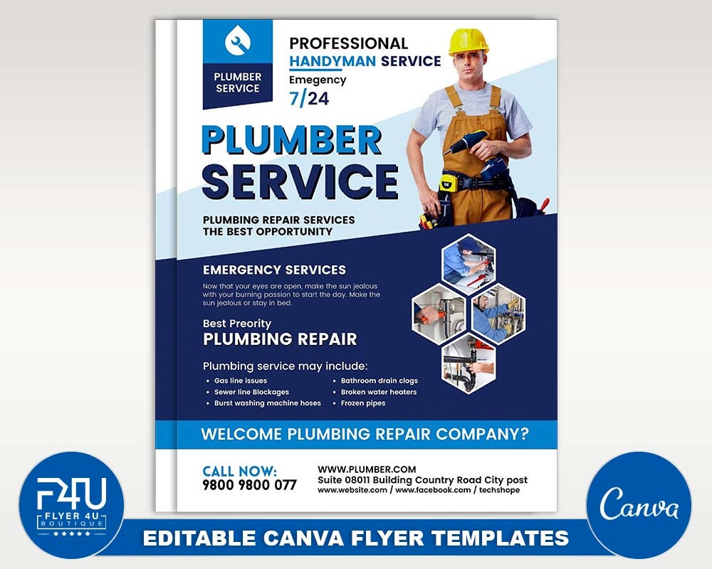 Plumbing Flyer, DIY Canva Plumbing Flyer Template 2022, Editable Canva ...