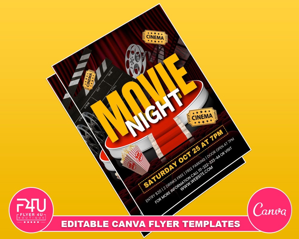 Movie Night Flyer, DIY Canva Movie Night Flyer Template, Editable Canva ...