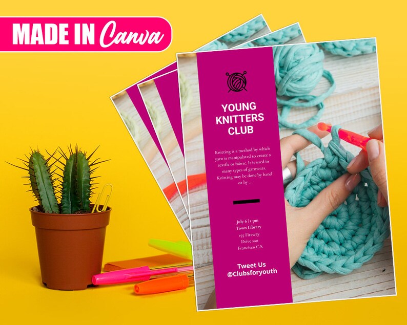Knitting Crocheting Lessons Flyer, DIY Canva Knitting Crocheting ...